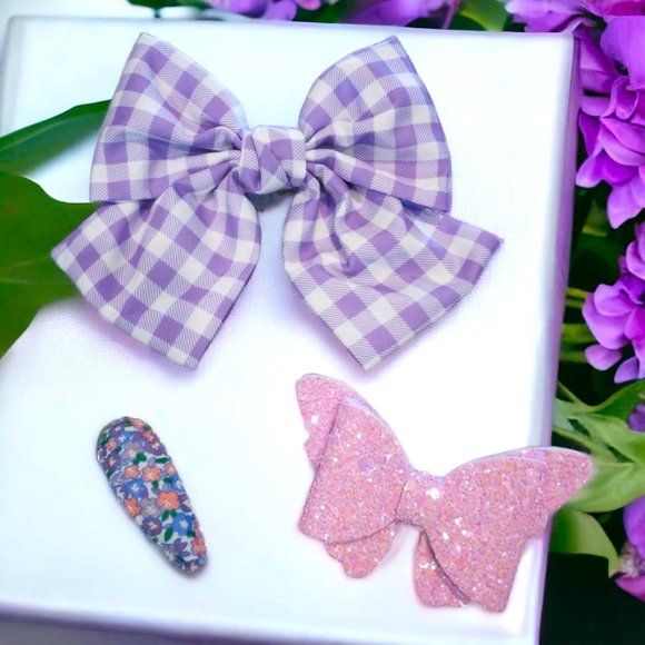 Hand Crafted | Accessories | Purple Checkered Pink Butterfly Hair Clip ...